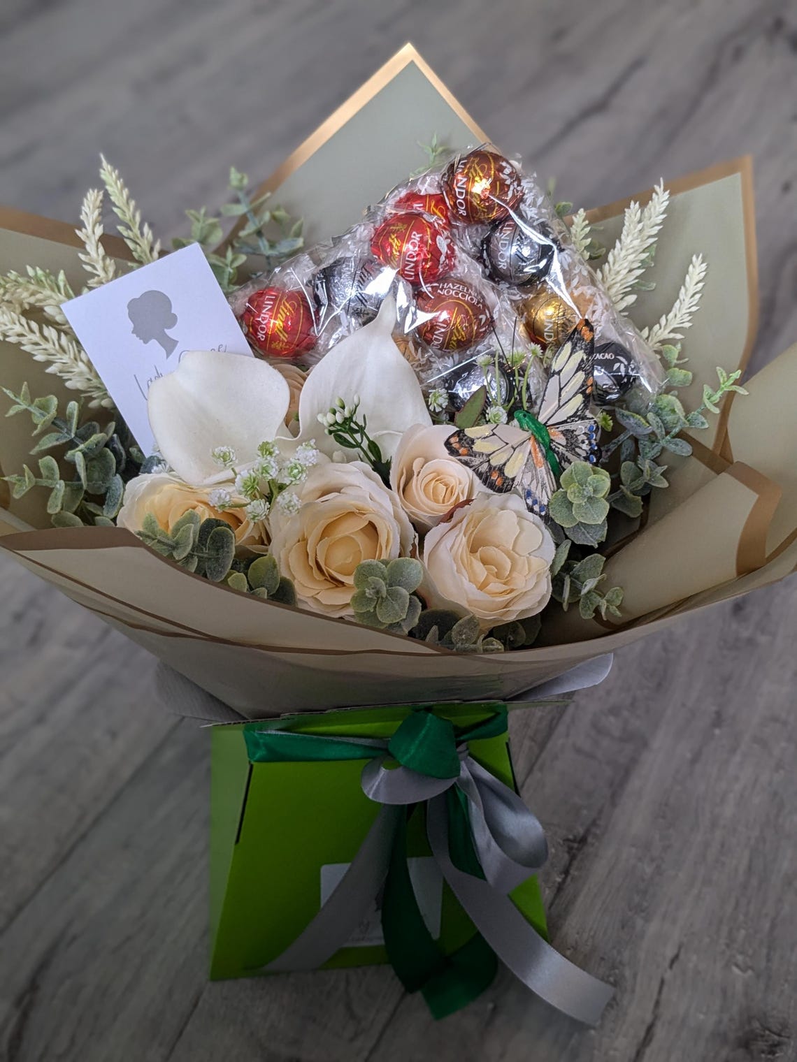 Chocolate Bouquet Handtied Mixed Lindt Green Silk Flowers Bouquet Gift ...