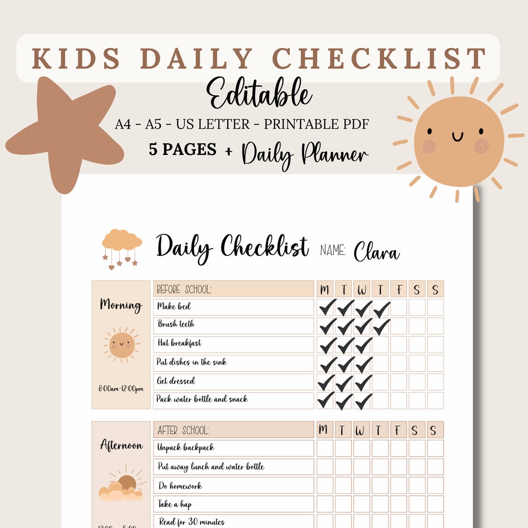 Kids Morning Routine Editable Chore Chart for Kids Printable Checklist ...