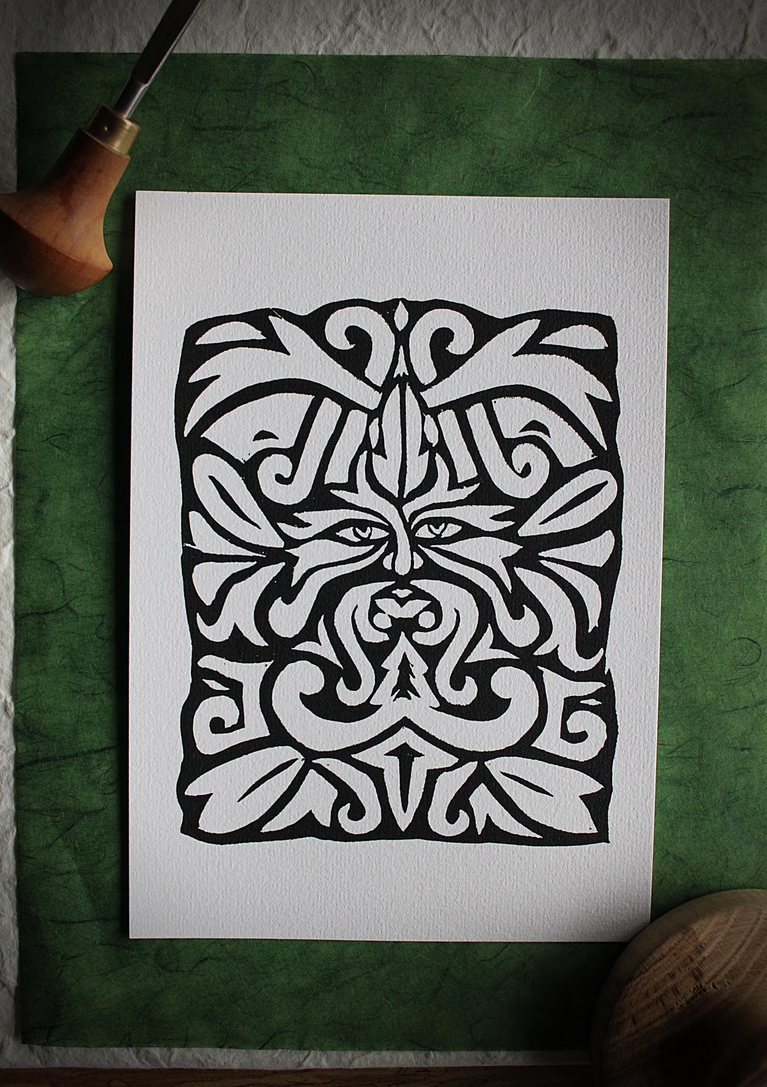 The Green Man / Lino Block Print / Wall Art - Etsy