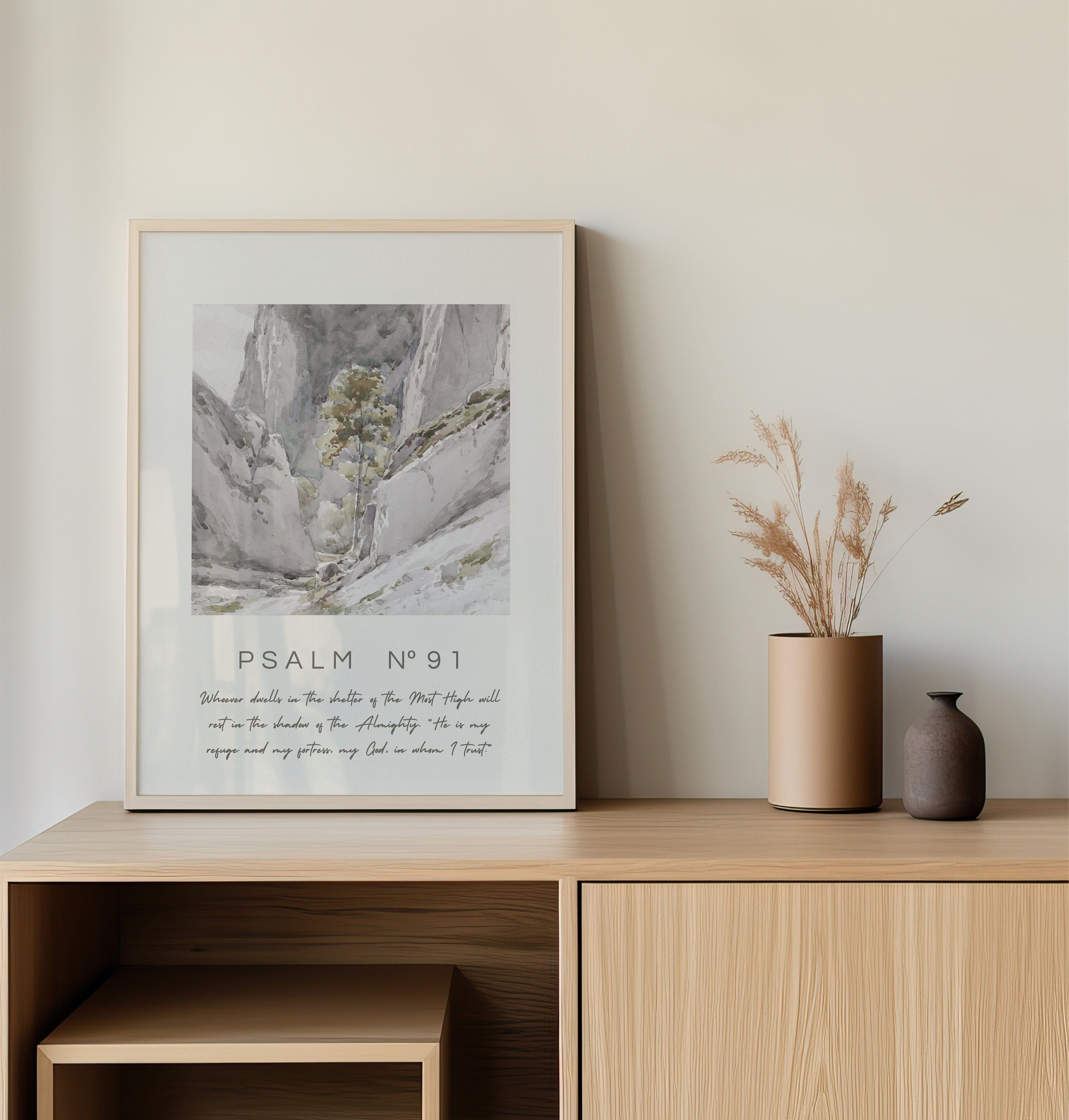 Psalm 91 Vintage Landscape Painting Beige & Christian Bible Verse ...