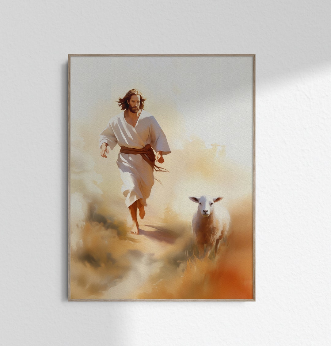 Jesus Running After Lost Sheep Art Christ Running After Lamb Painting ...