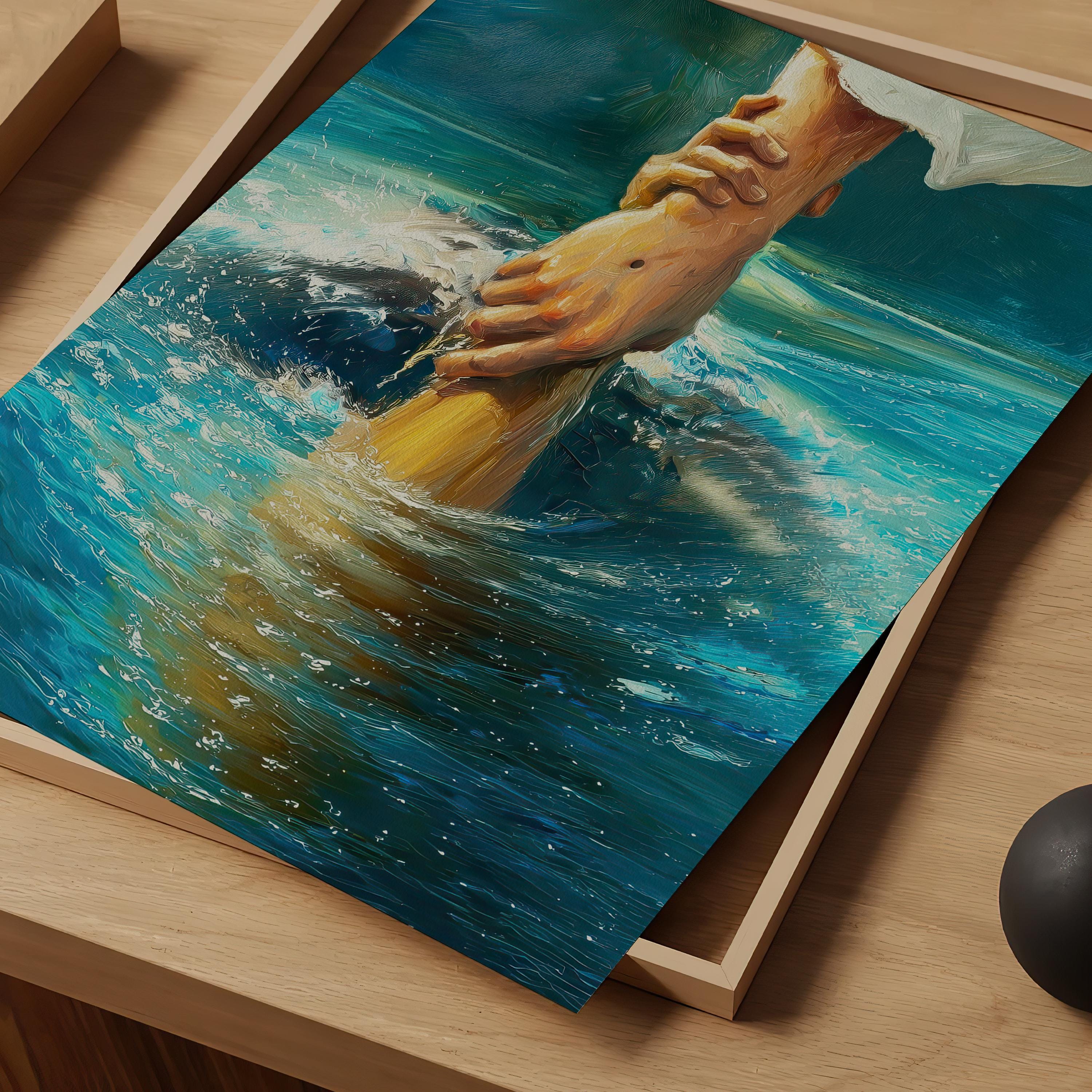 Jesus Reaching Into Water Saving Peter From Drowning Painting Hand ...