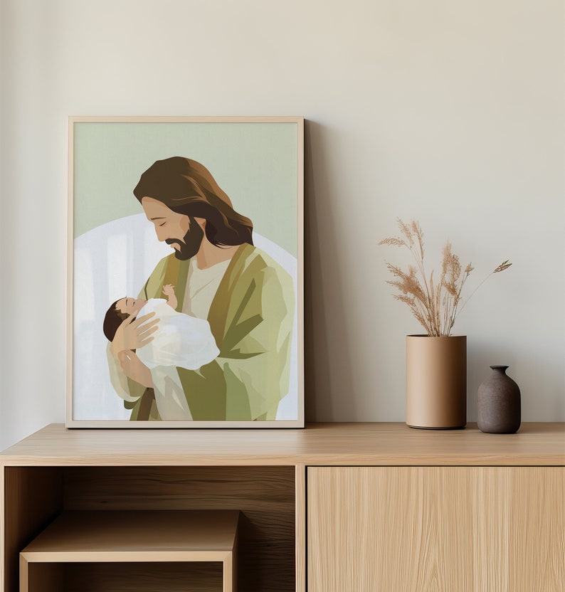 Jesus With Baby, Father Child Portrait Christening Watercolor Painting ...