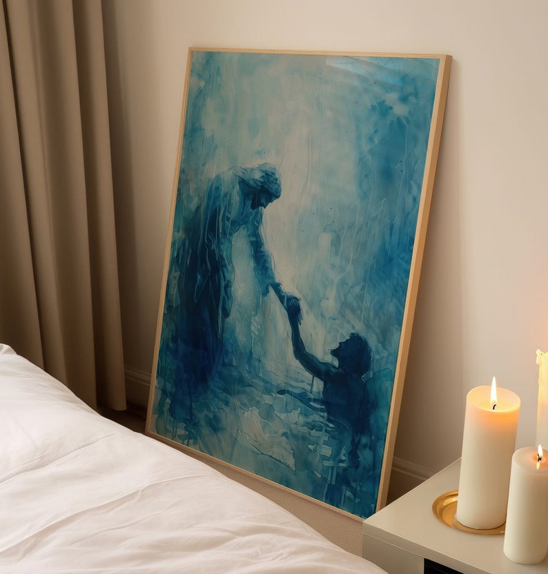 Jesus Reaching Down to Save Peter Jesus Saving in Water Painting Print ...