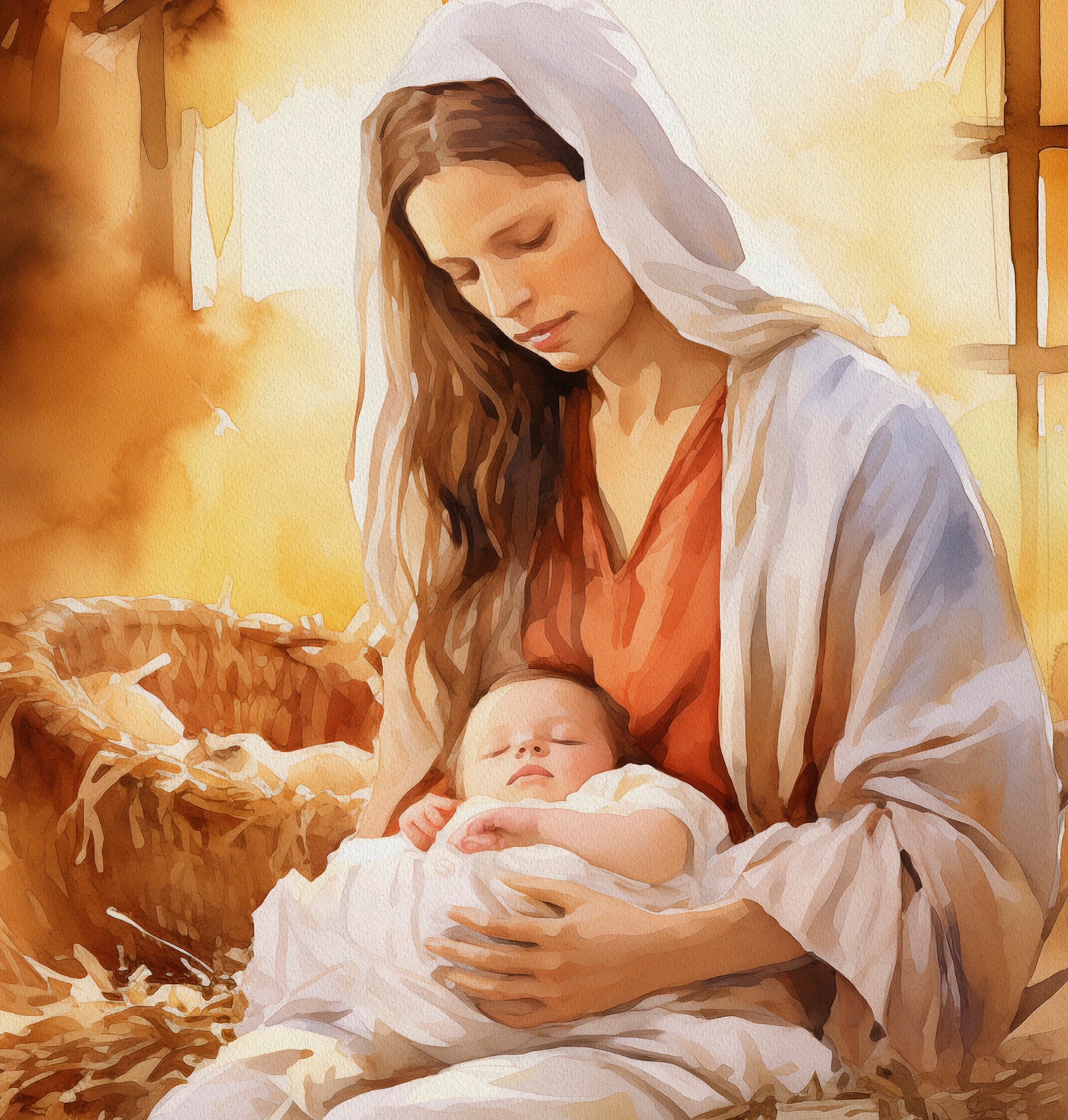 Mother Mary & Baby Jesus, Birth of Christ Nativity Christian Watercolor ...