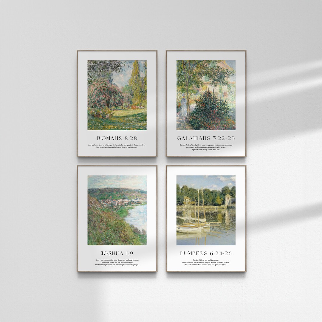 Christian Wall Art Set of 4 Bible Verse Quotes Scripture Monet Painting ...
