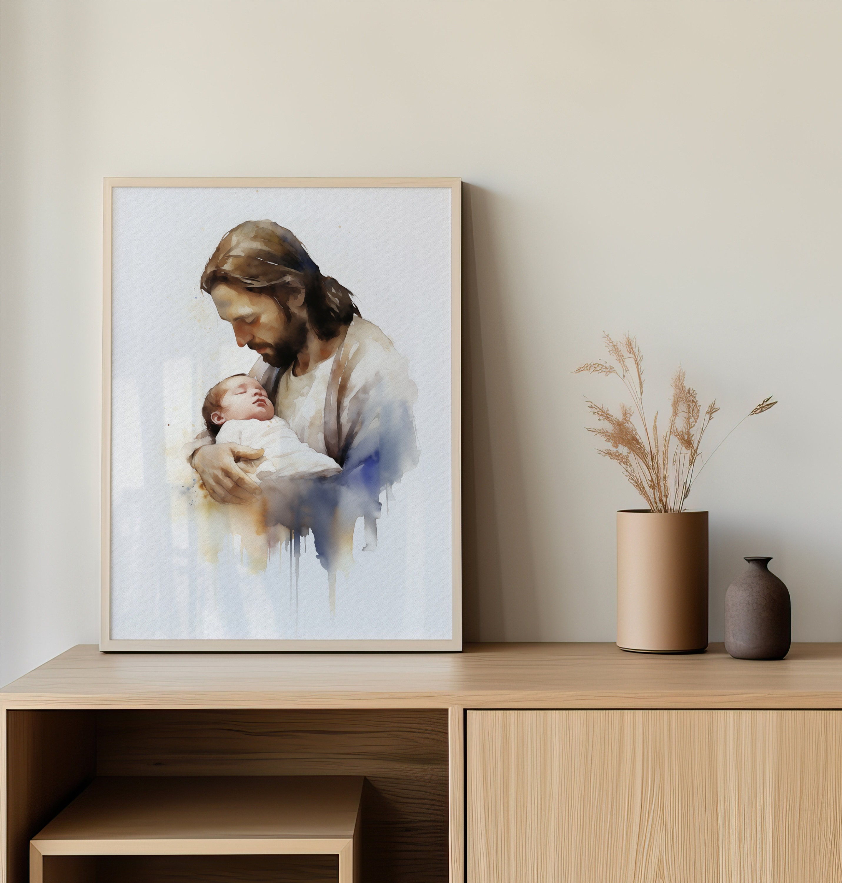 Jesus With Baby Father Child Portrait Catholic Dad Gift Watercolor ...