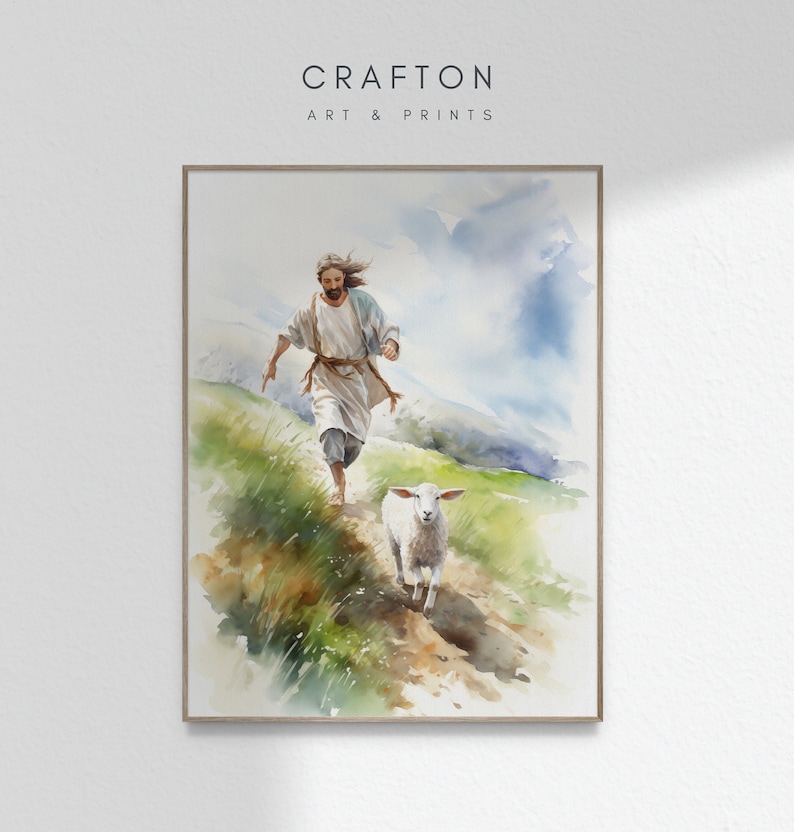 Christ Running After Lamb, Jesus the Good Shepherd Watercolor Painting ...