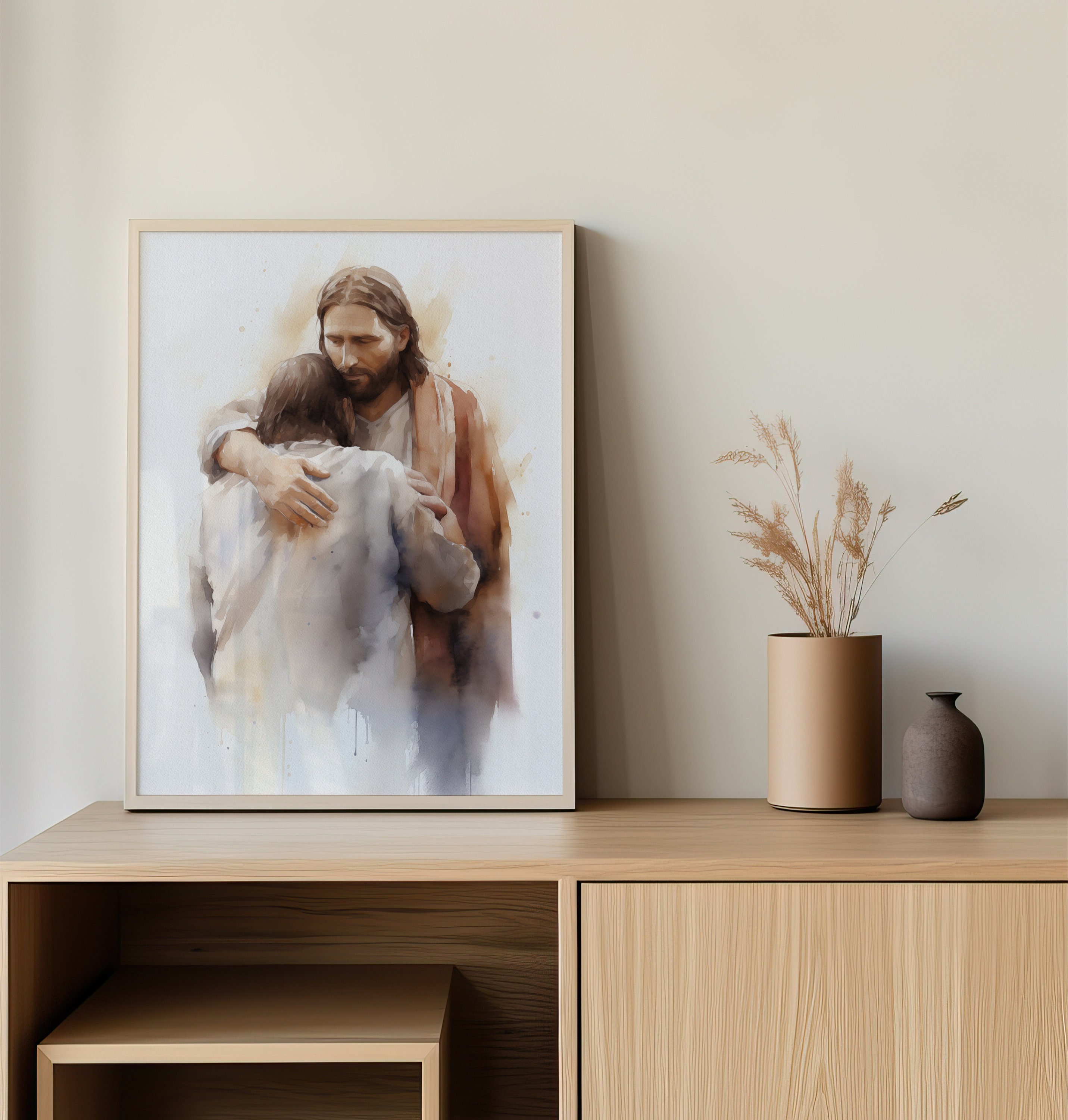 Jesus Hugging Man Jesus Holding a Man Watercolor Painting Christian ...