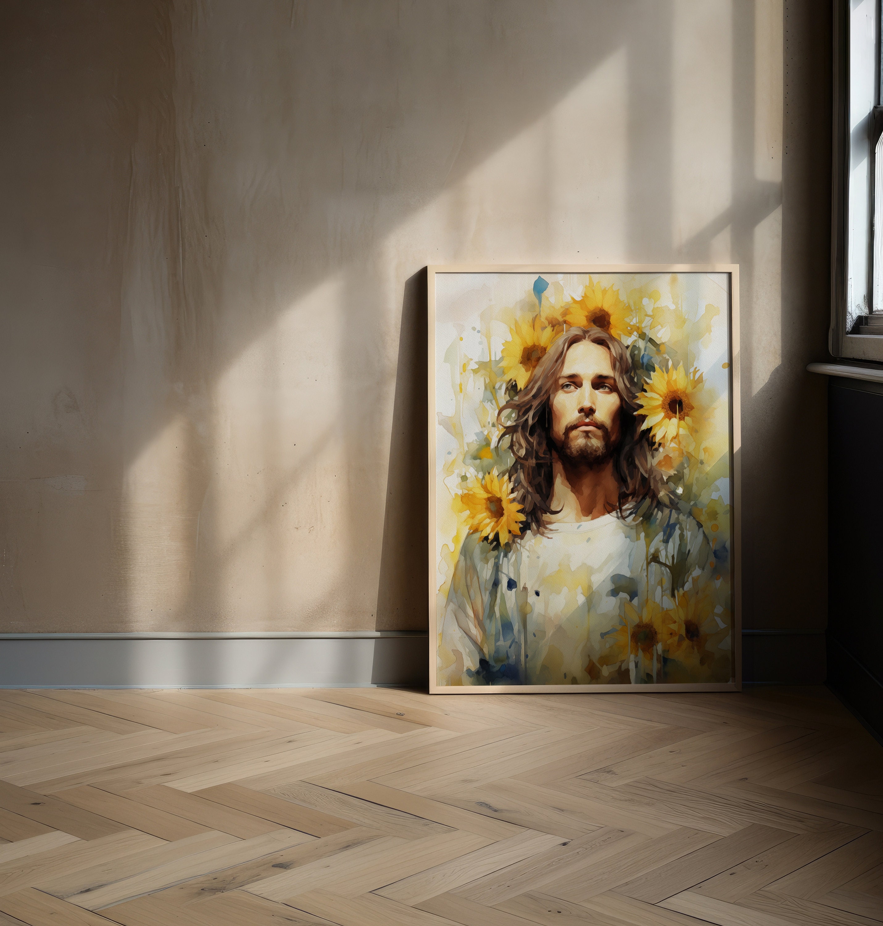 Jesus Christ With Sunflowers, Floral Watercolor Painting, Modern ...