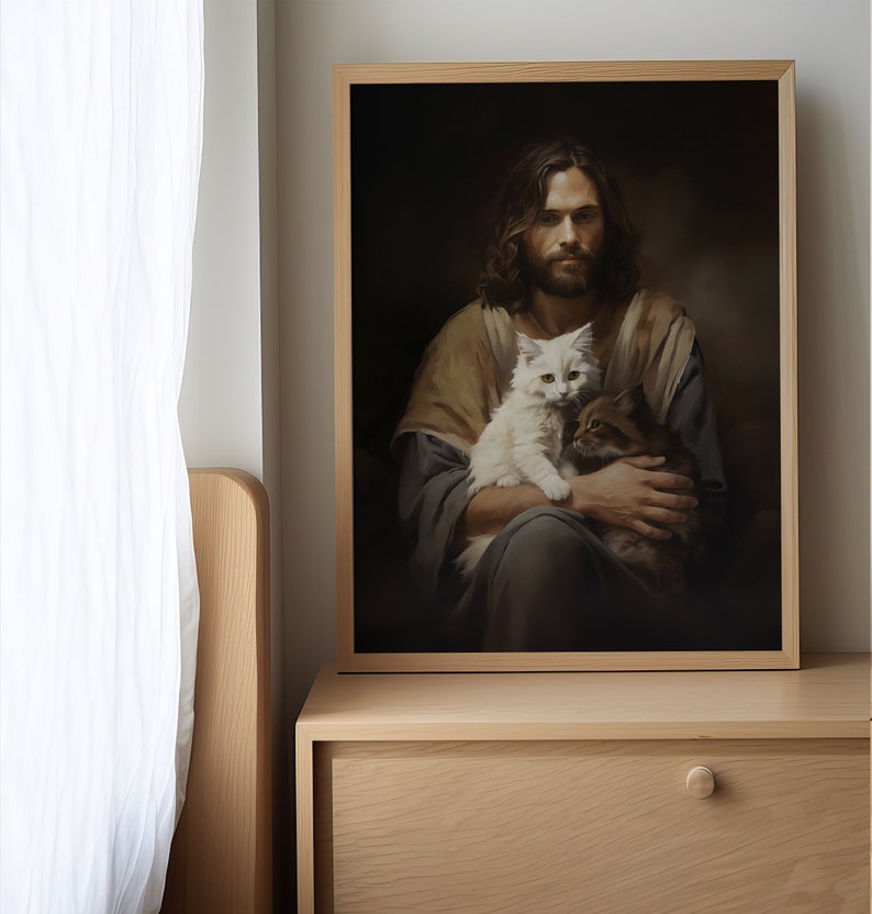 Jesus With Cats Christian Cat Art Print Gift for Cat Lover Owner People ...