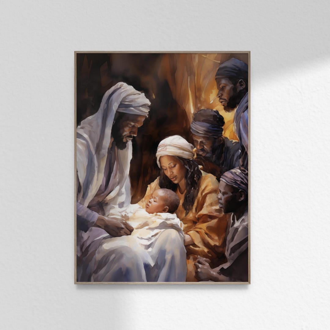 Birth of Jesus, Black Christ Family Nativity Scene Christian Watercolor ...