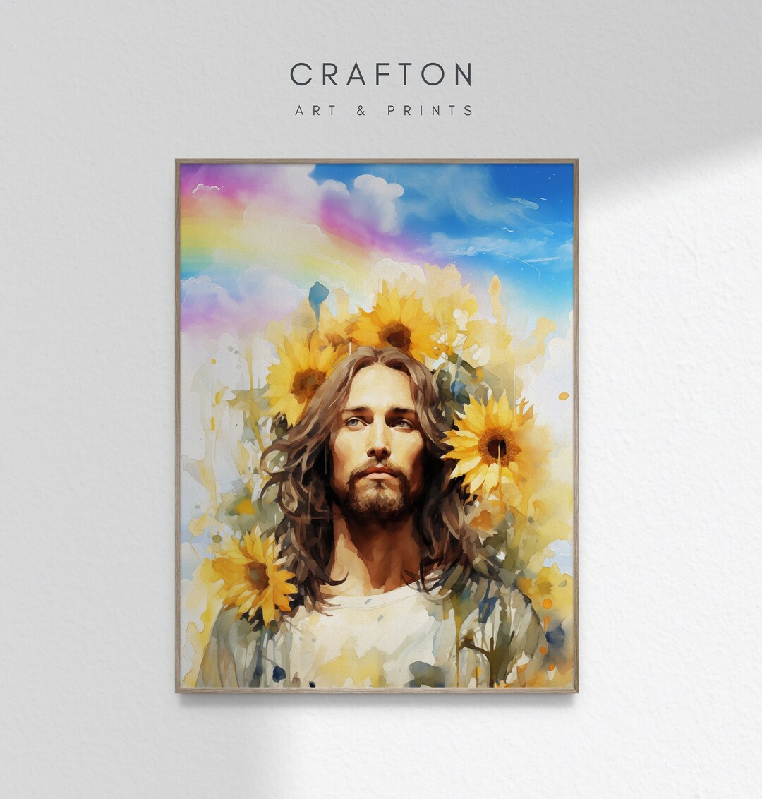 Jesus Christ With Rainbow & Sunflowers, Watercolor Painting, Modern ...