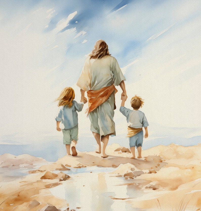 Walk Beside Me, Jesus Christ Walking With Two Children, Nursery Bible ...
