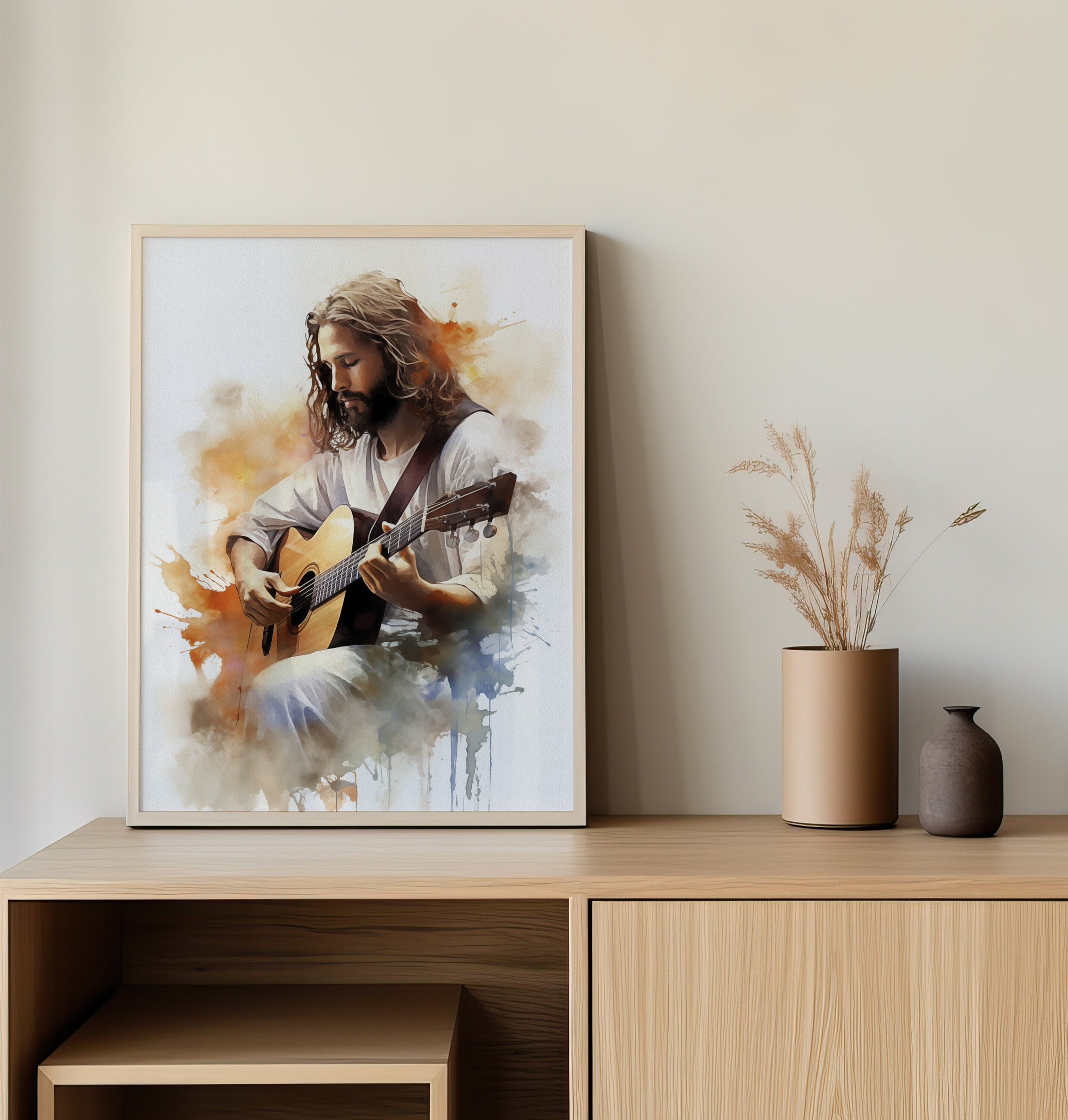 Jesus Playing Guitar, Music Lover Gift Idea, Fun Christian Watercolor ...
