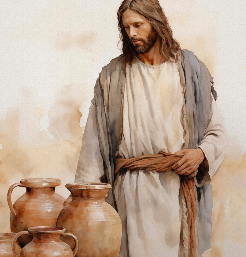 Miracles of Jesus Christ: Turning Water Into Wine, Watercolor Christian Bible Wall Art Print ...