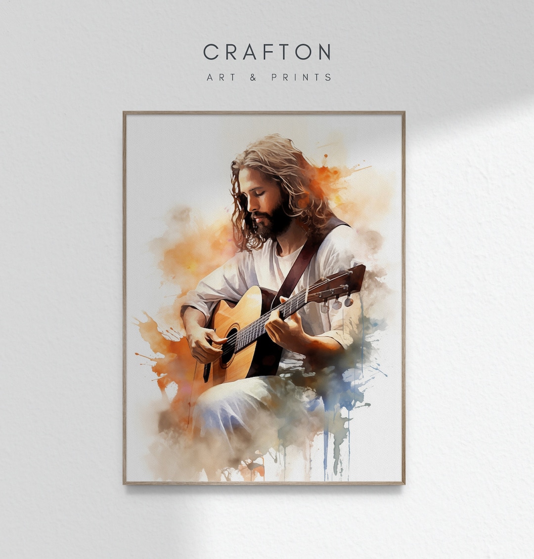 Jesus Playing Guitar, Music Lover Gift Idea, Fun Christian Watercolor ...