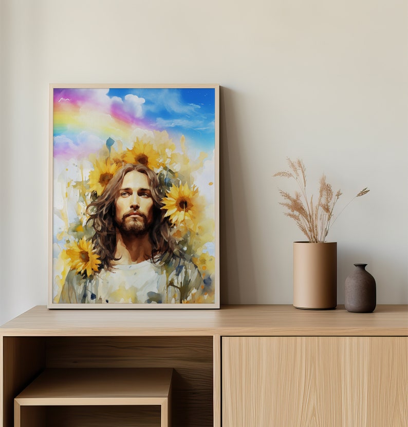 Jesus Christ With Rainbow & Sunflowers, Watercolor Painting, Modern ...