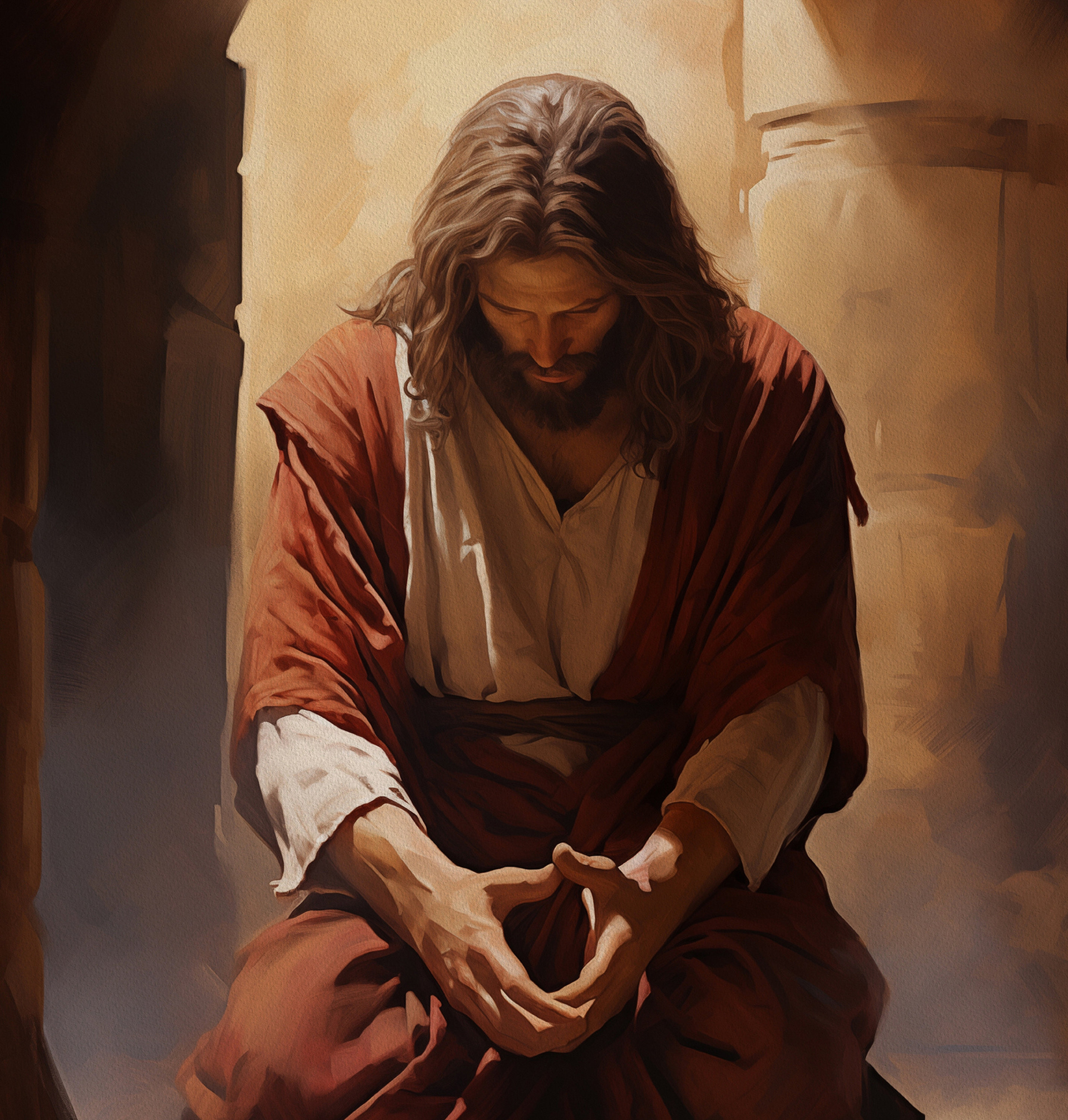 Praying Christ Jesus Praying Hands Kneeling Lords Prayer Art Jesus on ...