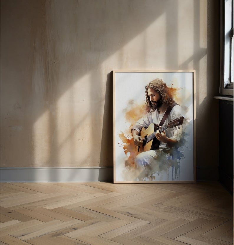 Jesus Playing Guitar, Music Lover Gift Idea, Fun Christian Watercolor ...