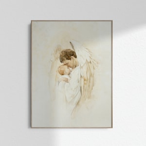 Angel Holding Baby Drawing Christian Painting Sketch Wall Art Nursery ...