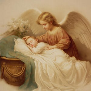 Angel Watching Over Sleeping Baby Child, Christian Painting Vintage ...