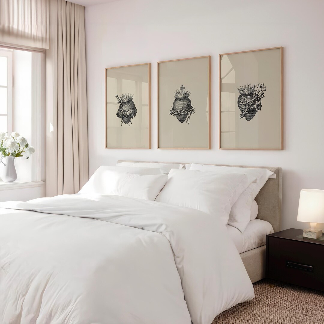 Three Hearts of the Holy Family Hearts Prints Set of 3, Beige Neutral ...