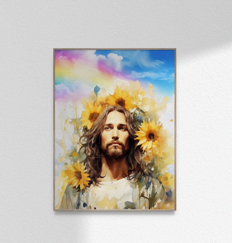 Jesus Christ With Rainbow & Sunflowers, Watercolor Painting, Modern ...