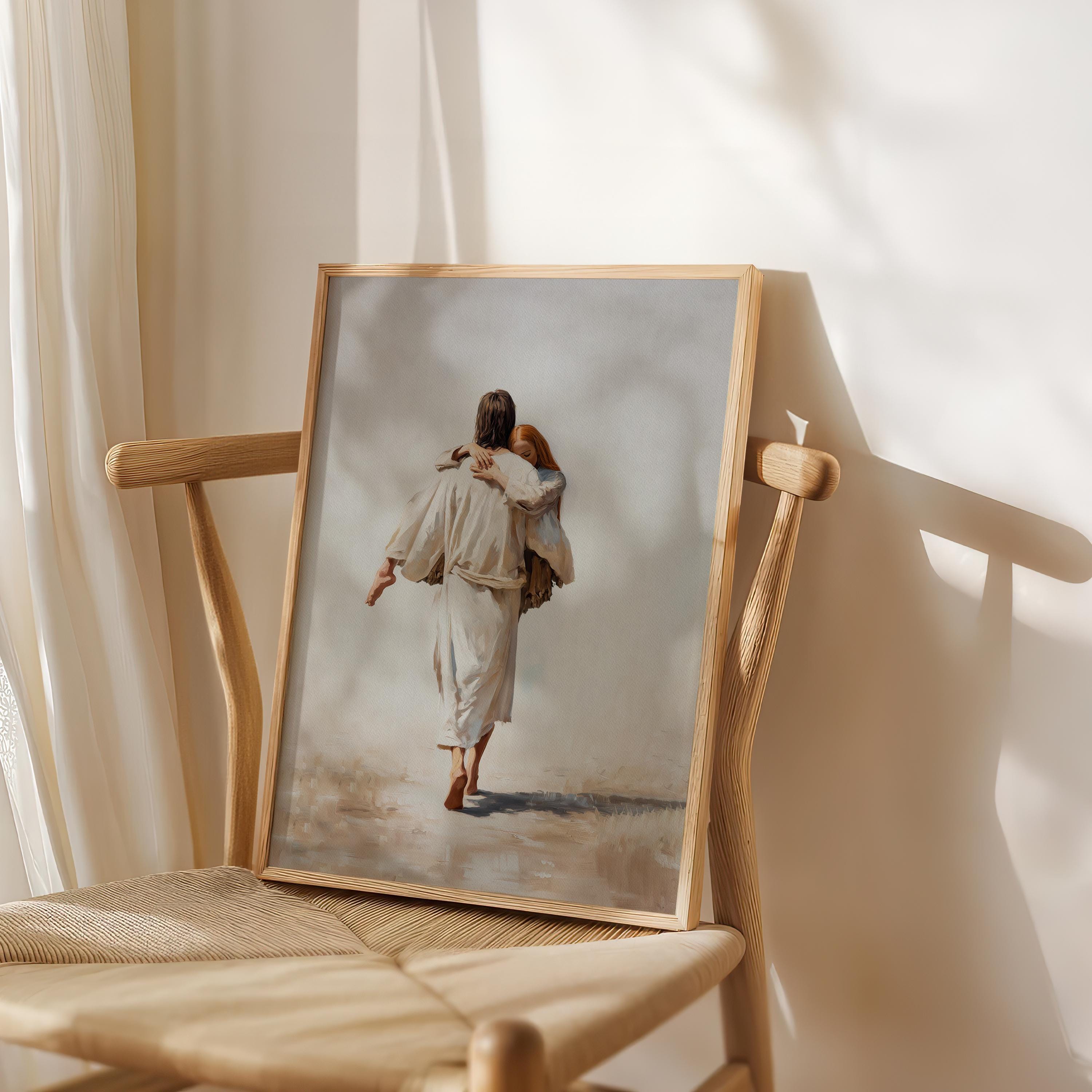 Jesus Carrying Woman Art, Red Haired Ginger Girl With Jesus, Christian ...