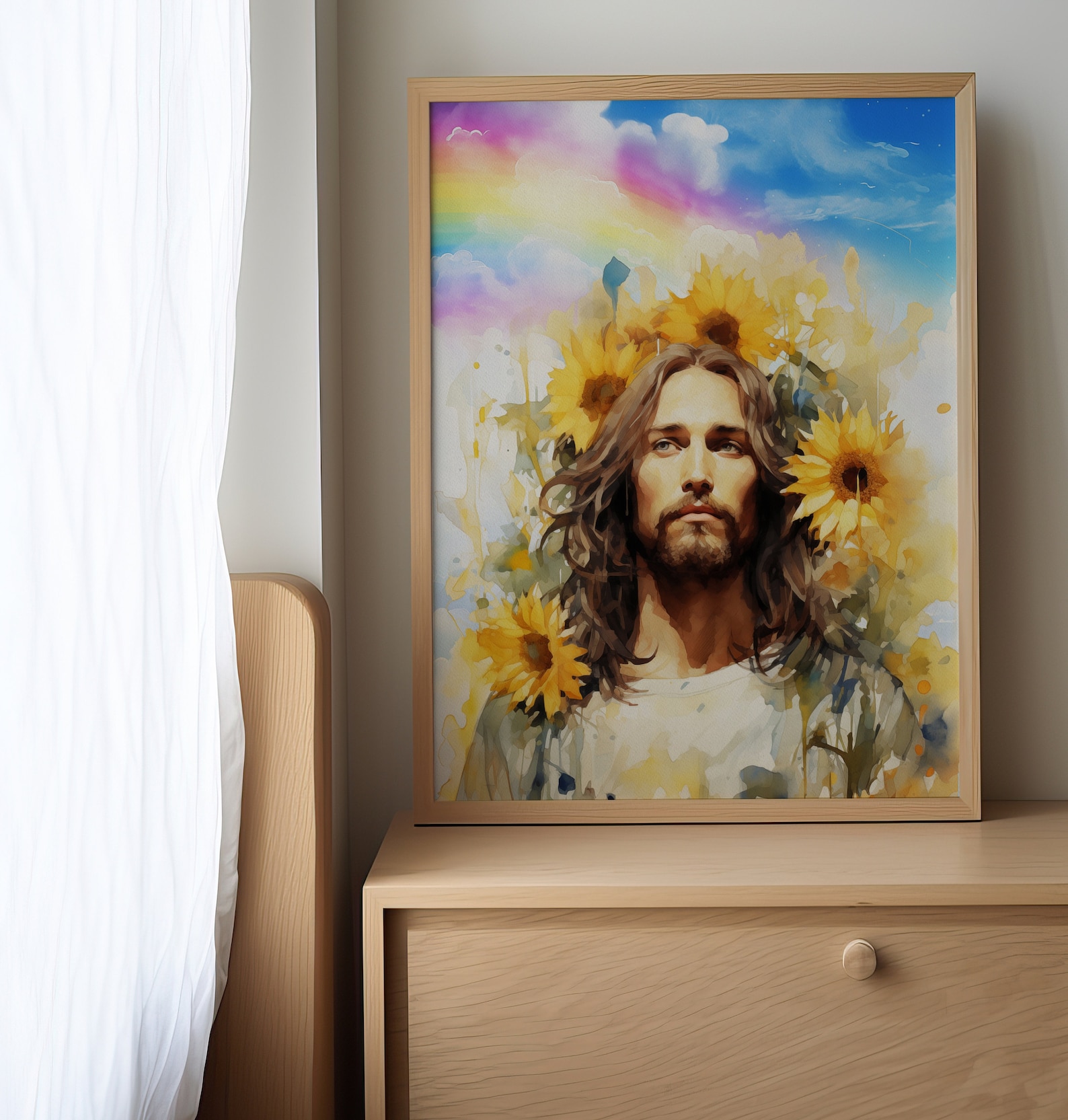 Jesus Christ With Rainbow & Sunflowers, Watercolor Painting, Modern ...