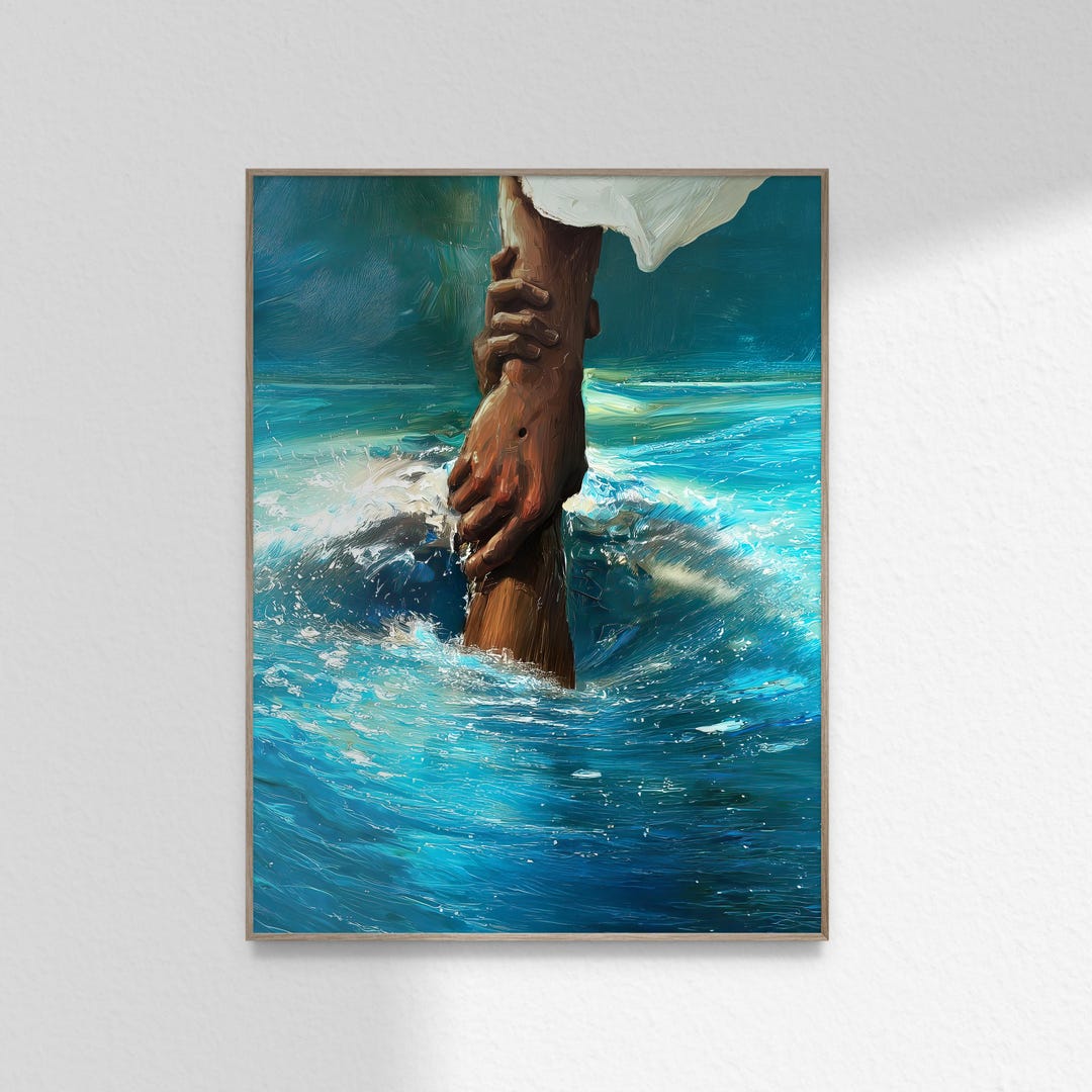 Black Jesus Reaching Into Water Saving Peter From Drowning Painting ...