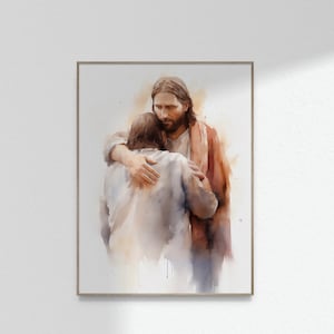 Jesus Hugging Man Jesus Holding a Man Watercolor Painting Christian ...