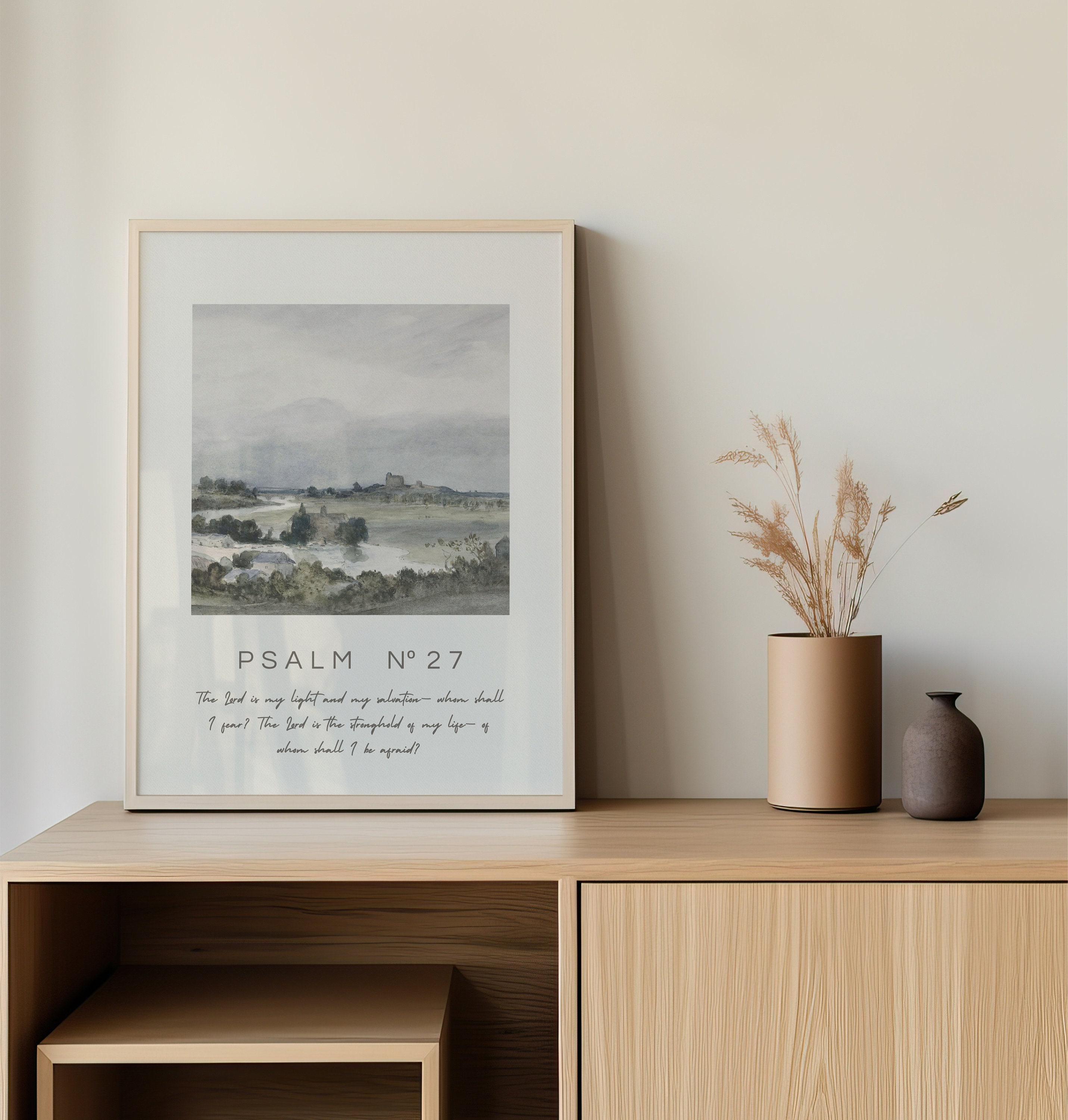 Psalm 27 Vintage Landscape Painting Beige & Christian Bible Verse ...
