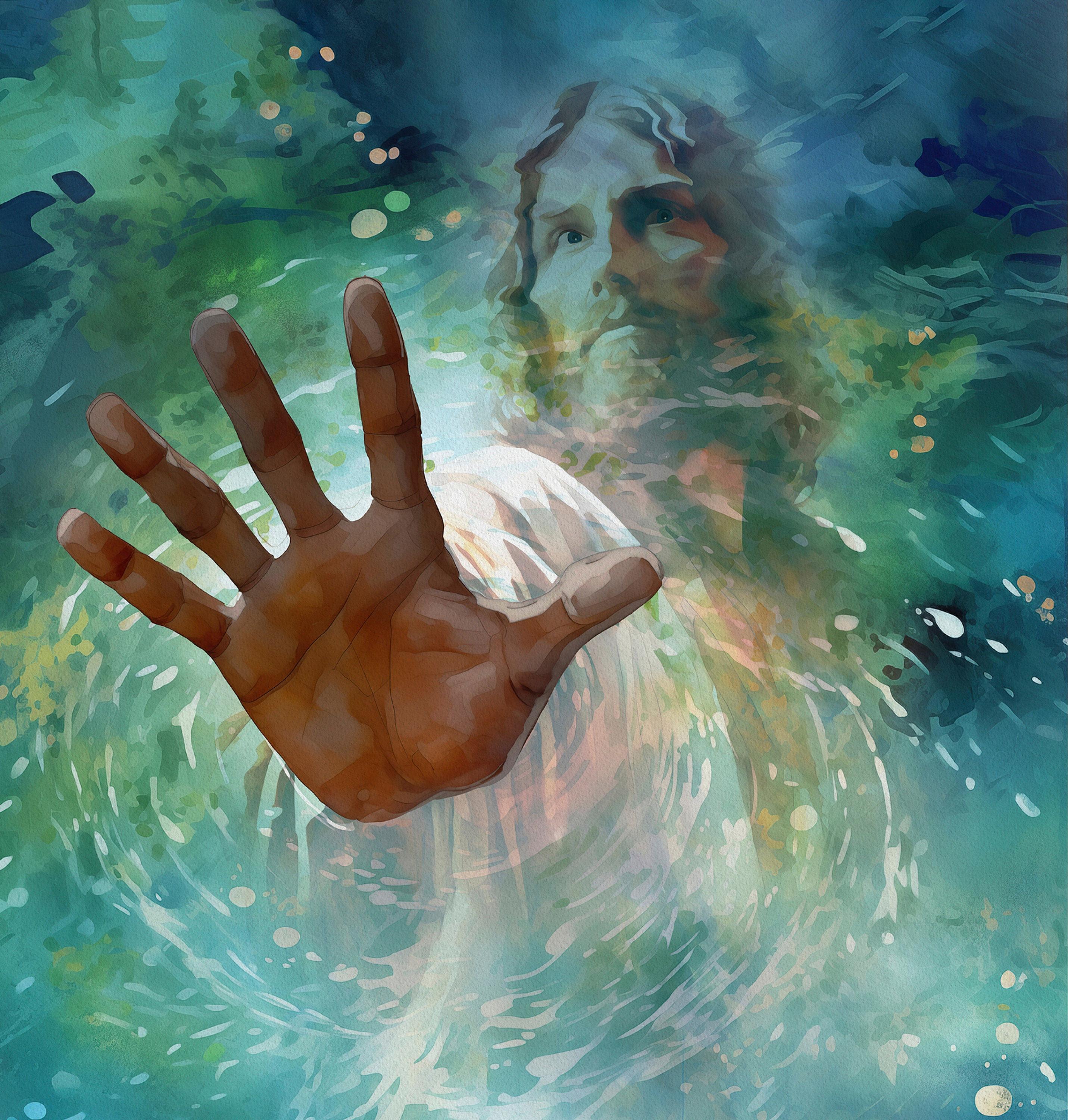 Jesus Reaching Into Water Saving Peter From Drowning Painting Hand ...