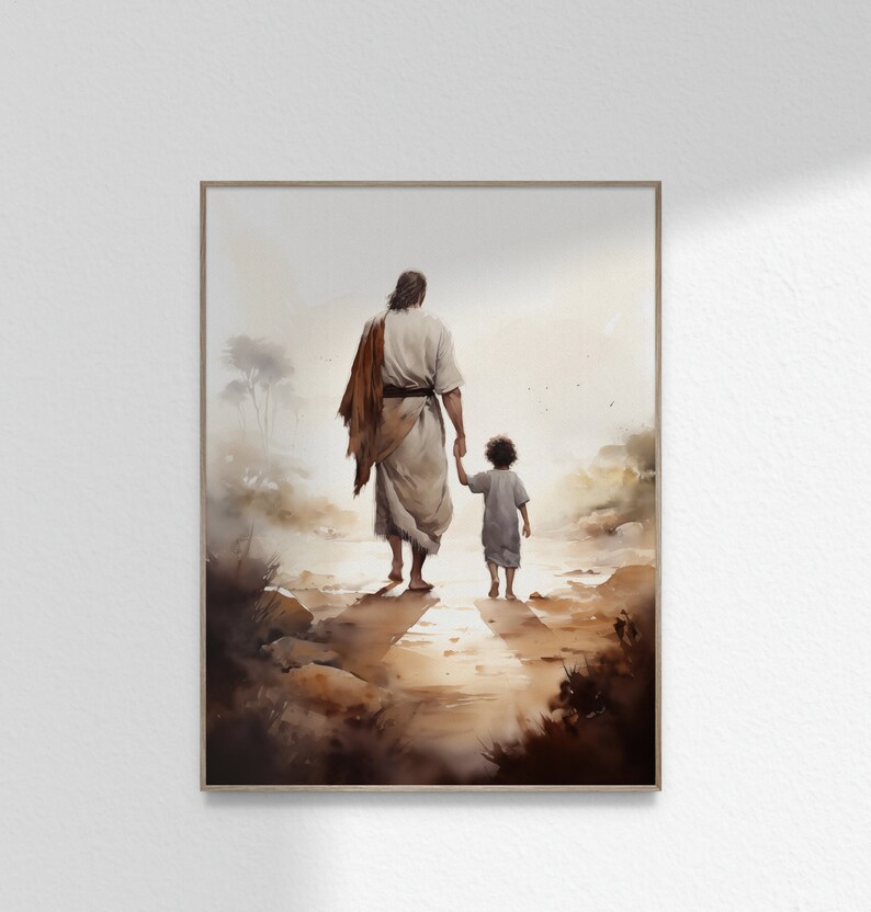 Jesus Christ Walking With Curly Haired Child, Walk Beside Me, Nursery ...
