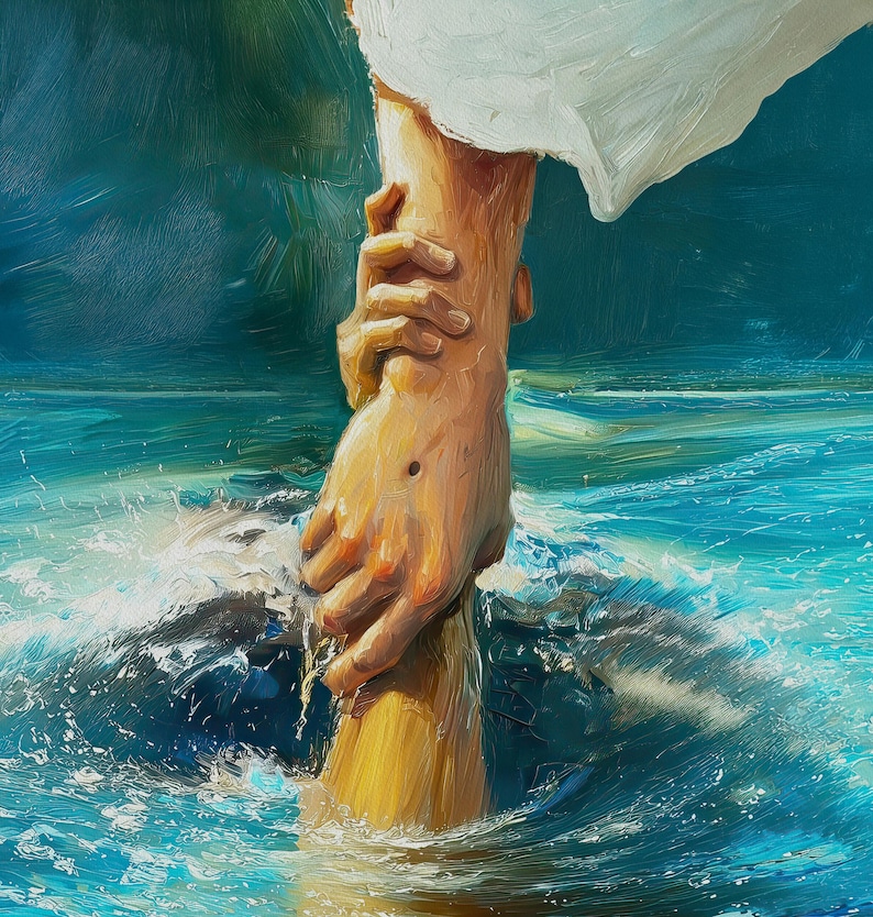 Jesus Reaching Into Water Saving Peter From Drowning Painting Hand ...