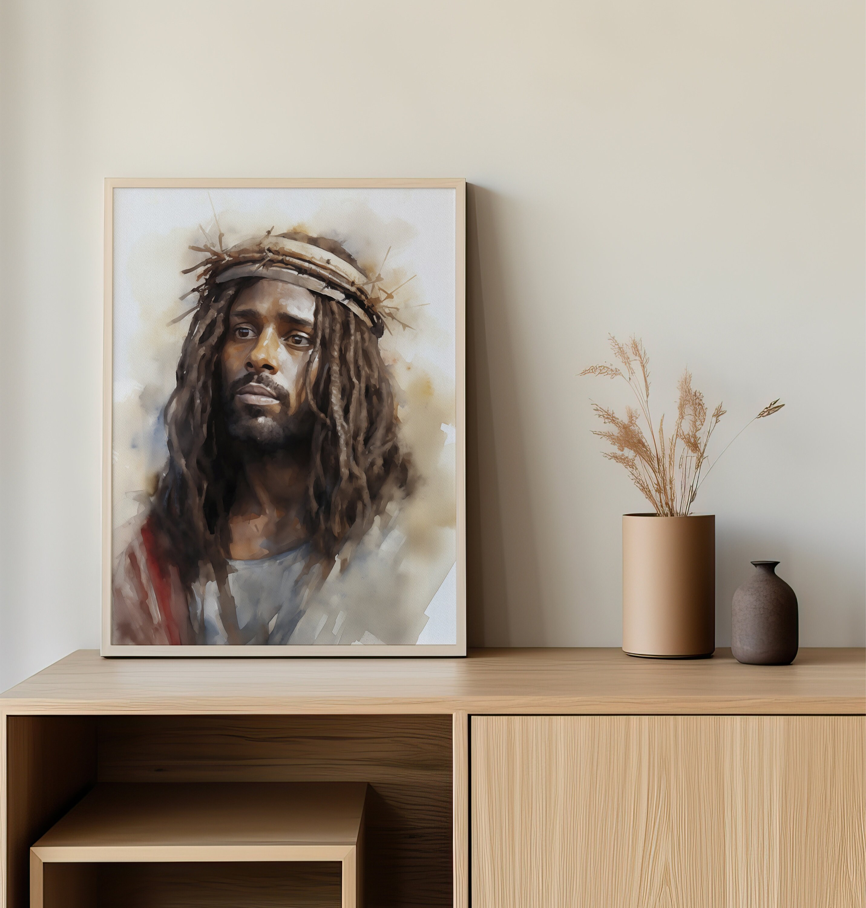 Black Jesus Christ With Dreads & Crown of Thorns, Christian Watercolor ...