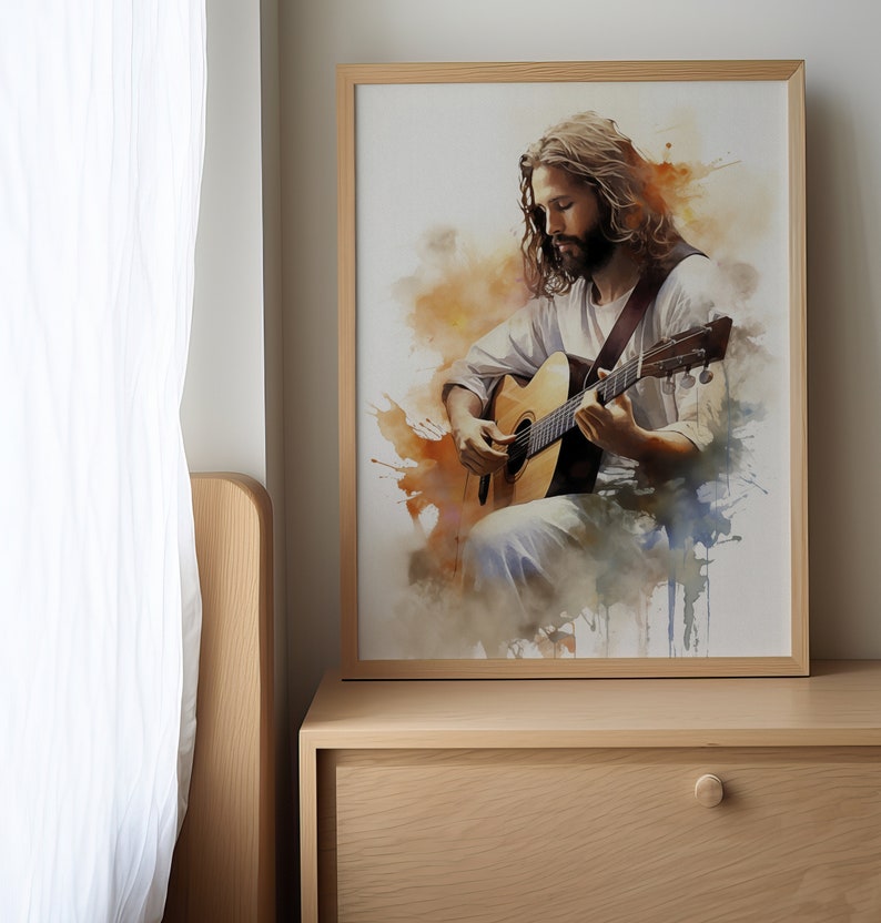 Jesus Playing Guitar, Music Lover Gift Idea, Fun Christian Watercolor ...
