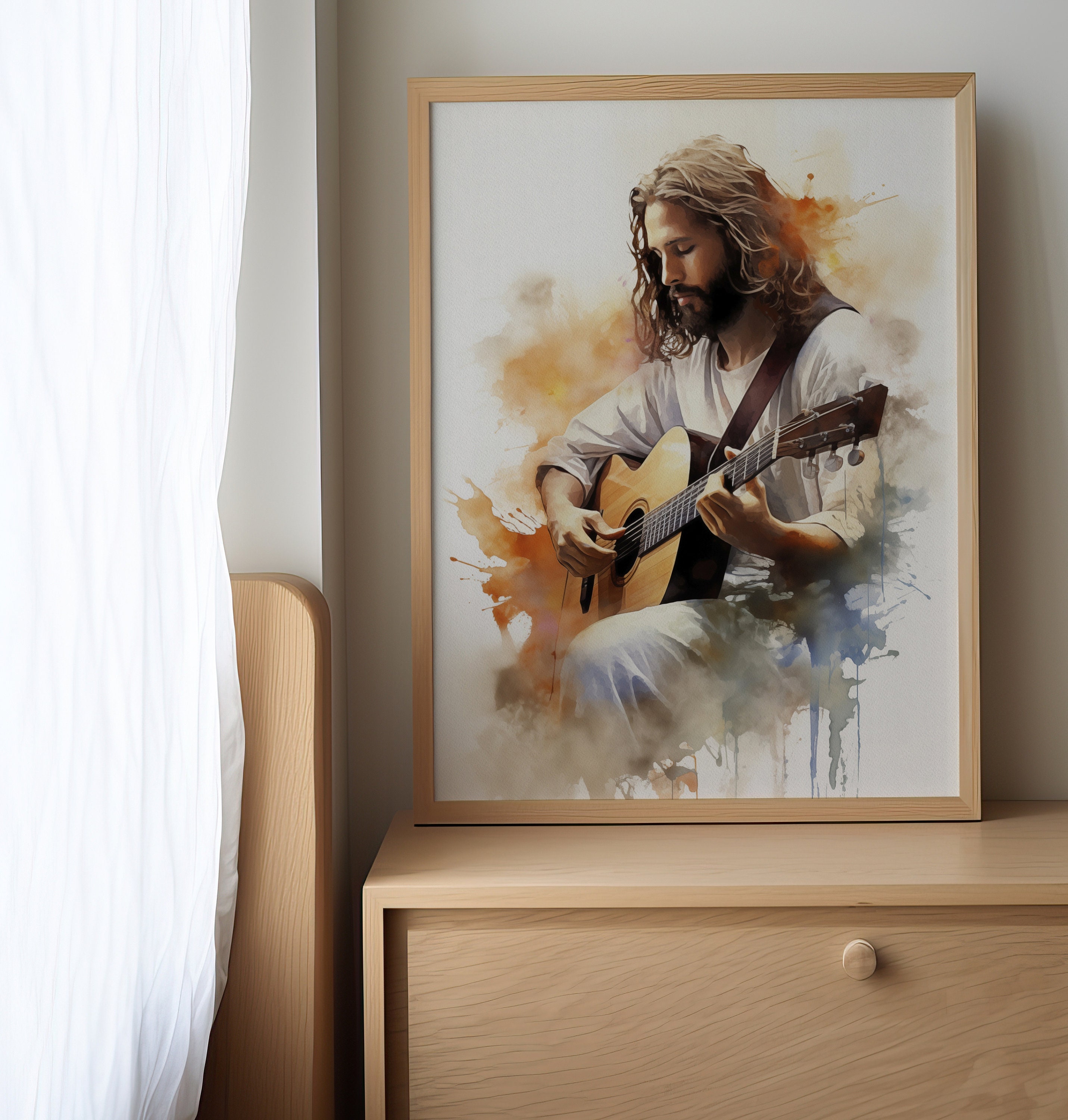 Jesus Playing Guitar, Music Lover Gift Idea, Fun Christian Watercolor ...
