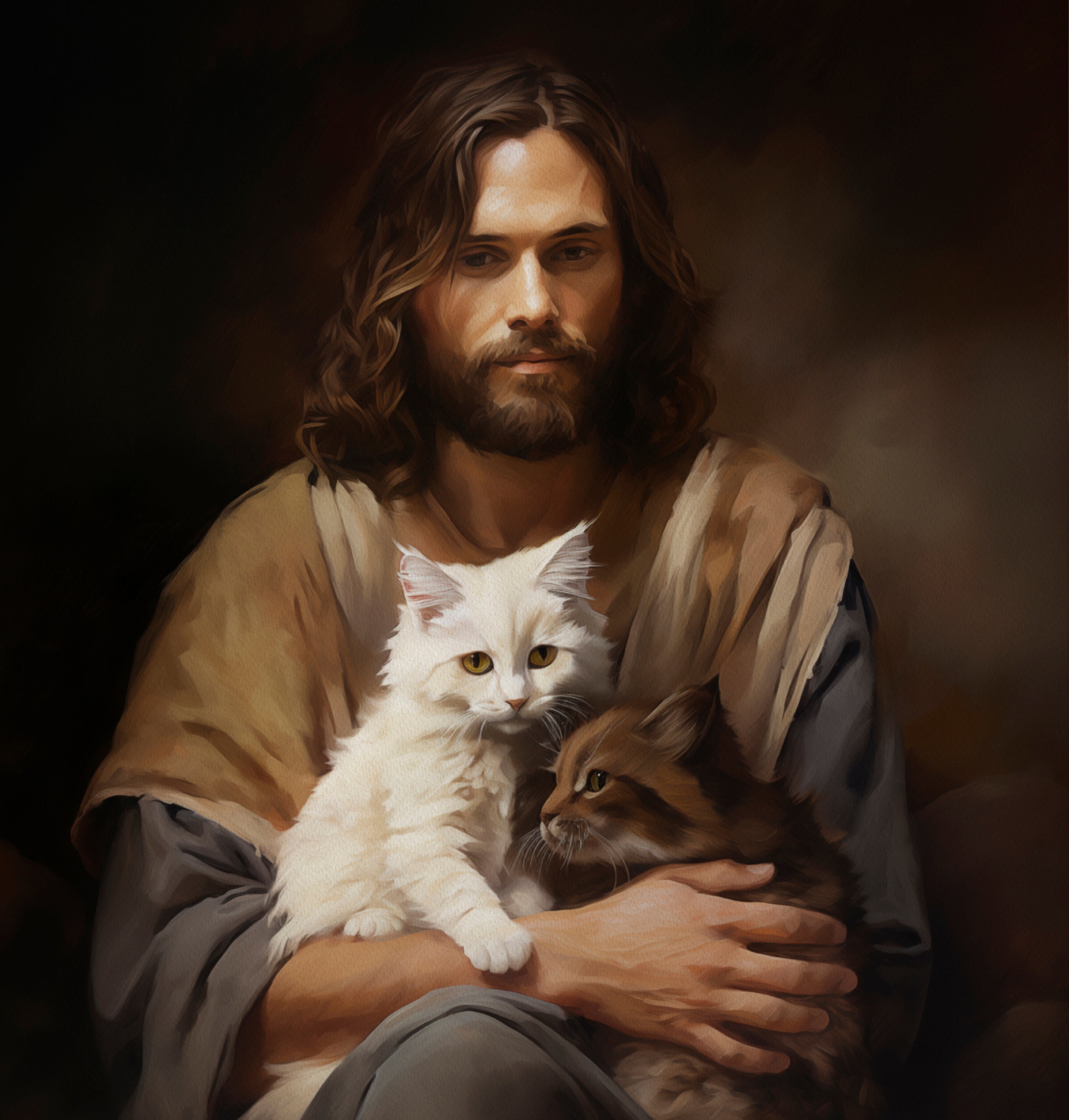 Jesus With Cats Christian Cat Art Print Gift for Cat Lover Owner People ...