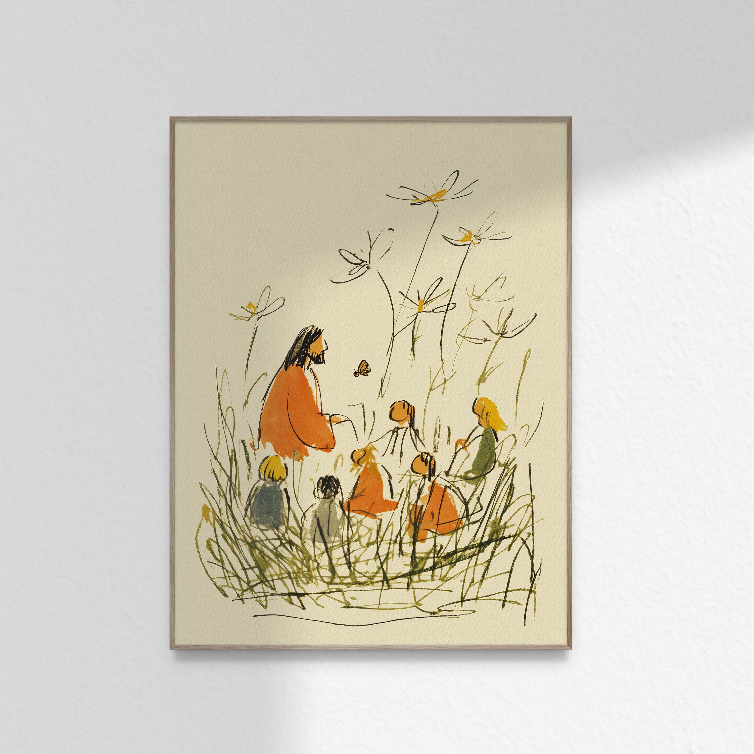 Jesus Christ With Children Nursery Art, Jesus With Kids Illustration ...