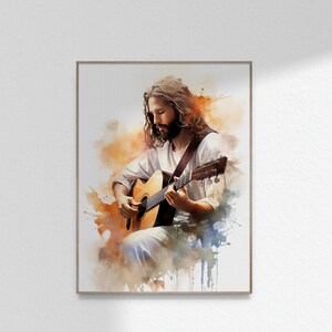 Jesus Playing Guitar, Music Lover Gift Idea, Fun Christian Watercolor ...