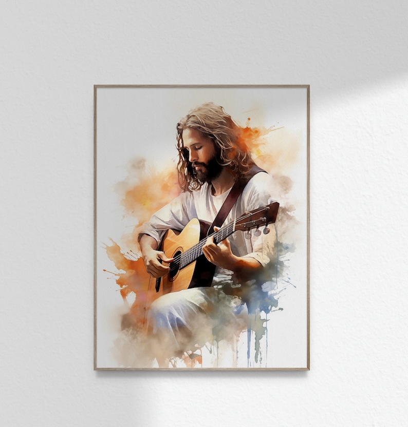 Jesus Playing Guitar, Music Lover Gift Idea, Fun Christian Watercolor ...