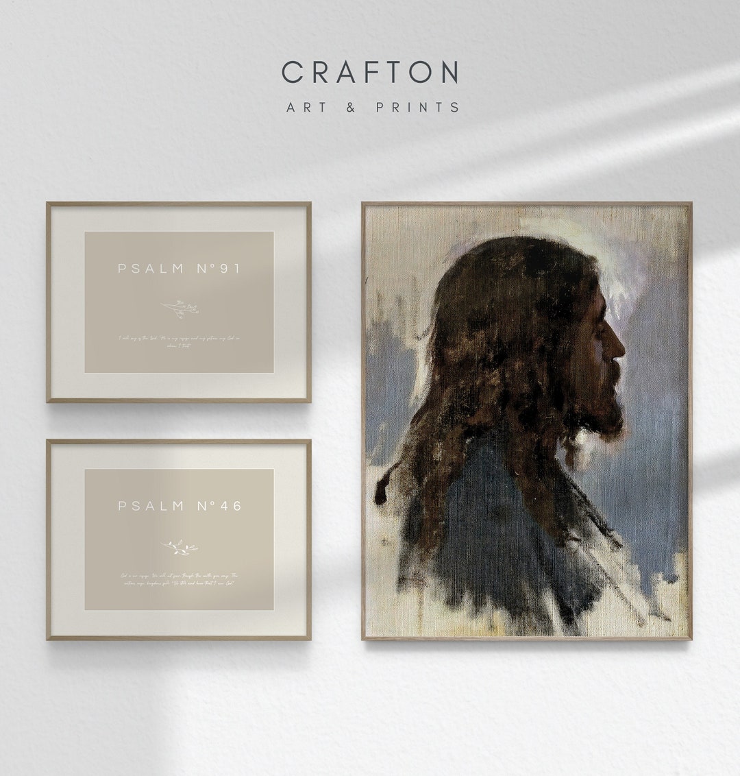 Set of 3 Vintage Christian Prints, Painting of Jesus Christ, Beige Blue ...