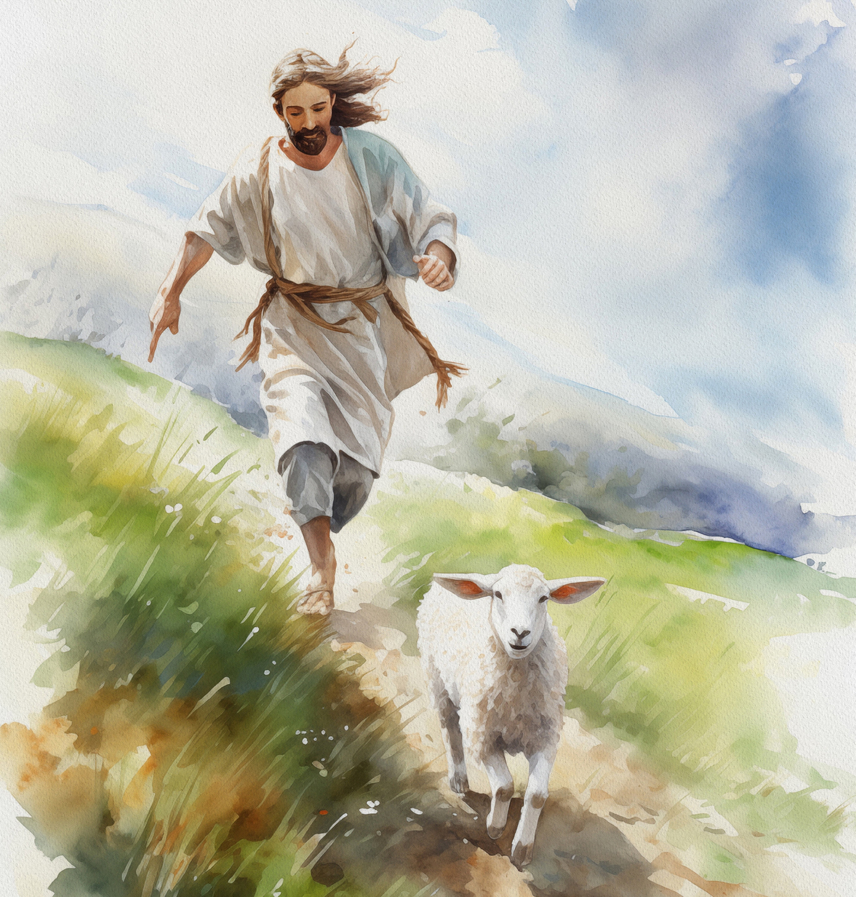 Christ Running After Lamb, Jesus the Good Shepherd Watercolor Painting ...
