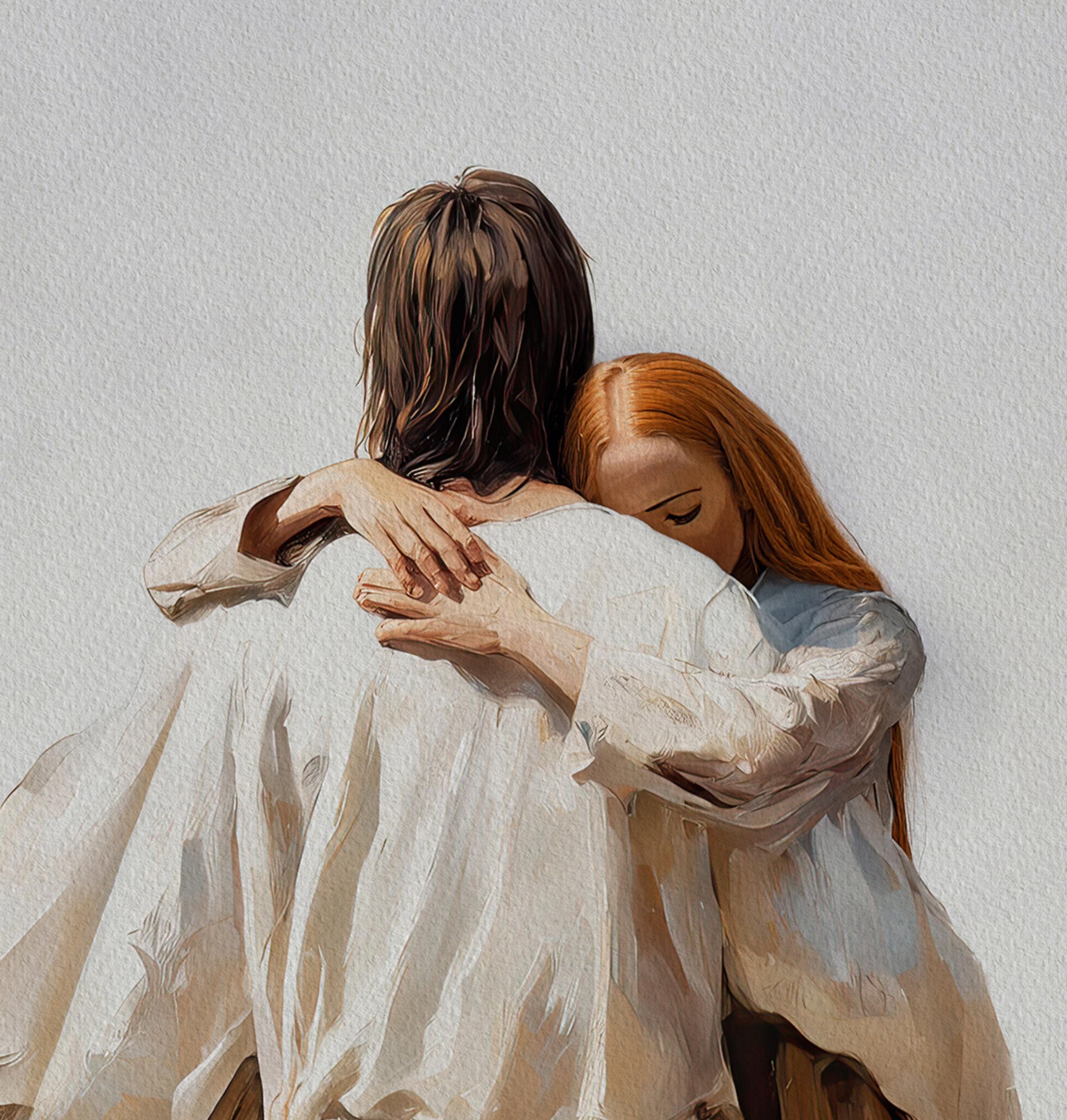 Jesus Carrying Woman Art, Red Haired Ginger Girl With Jesus, Christian ...