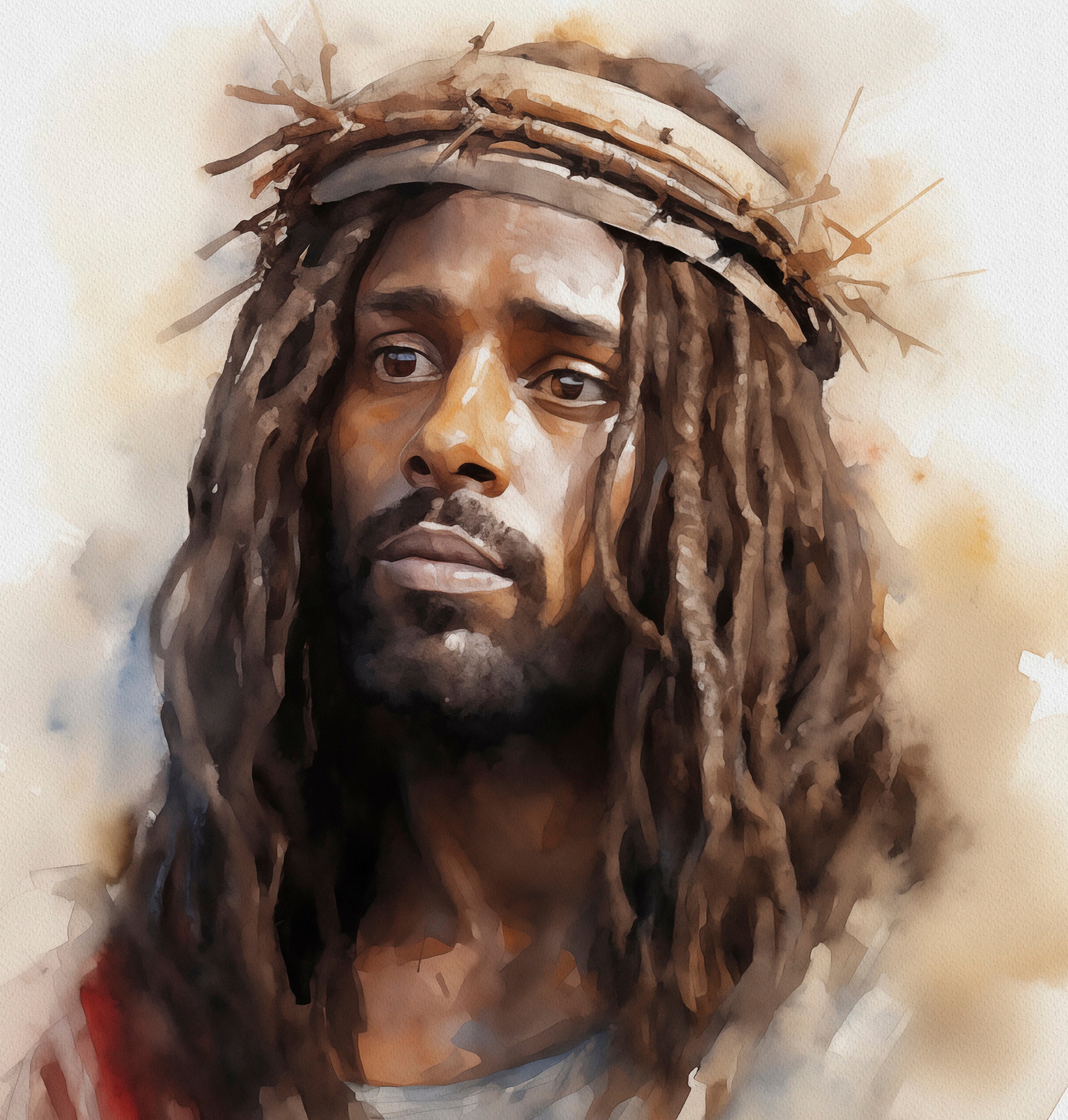 Black Jesus Christ With Dreads & Crown of Thorns, Christian Watercolor ...