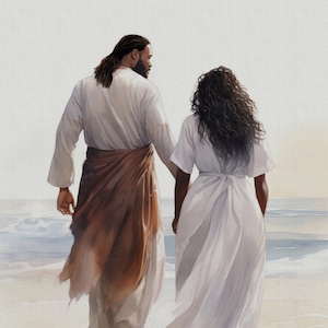 Black Jesus With Woman on Beach Christ Walking With Girl Black ...