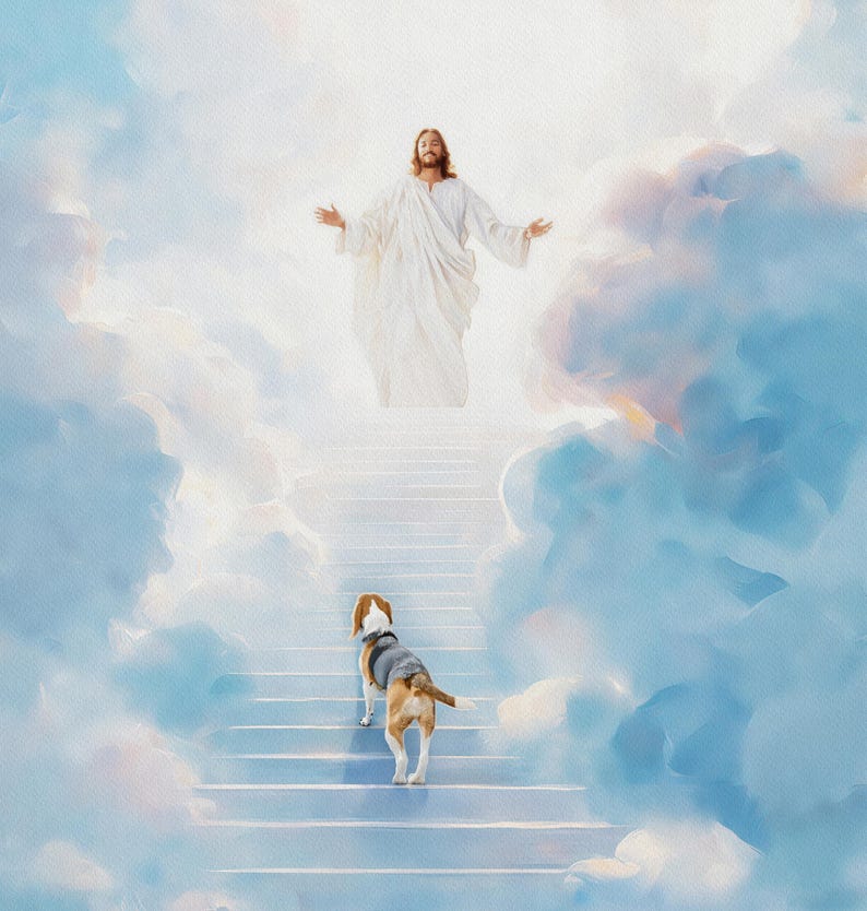 Jesus Meets Beagle in Heaven, Jesus With Beagle Art, Pet Loss Gift ...