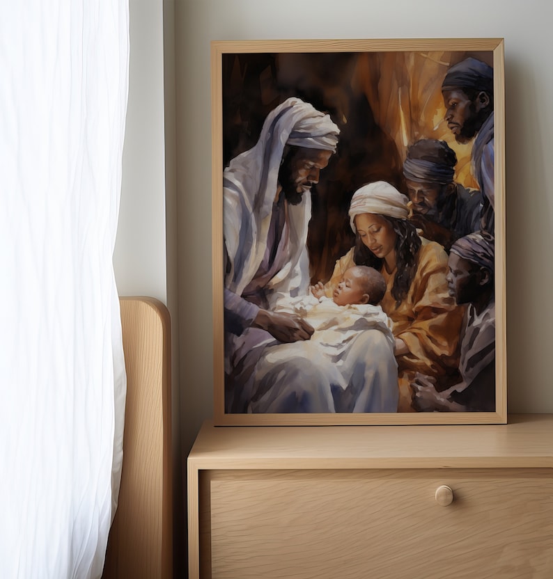 Birth of Jesus, Black Christ Family Nativity Scene Christian Watercolor ...